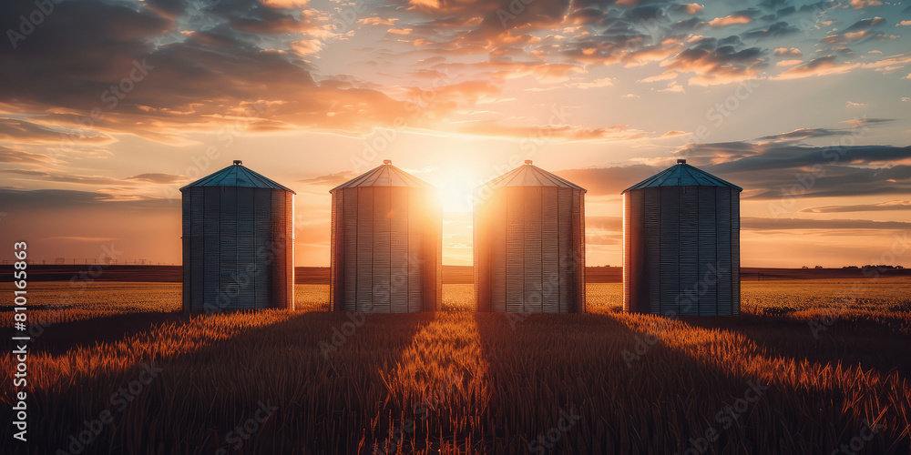 Silos in a wheat field. Metal containers for storing harvested wheat or ...