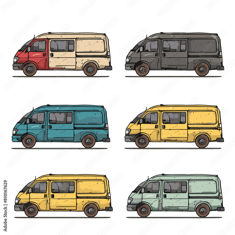 Six different colored vans side view parked. Illustration various dirty ...