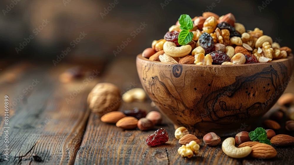 a rustic table setting with assorted nuts and dried fruits in a wooden ...