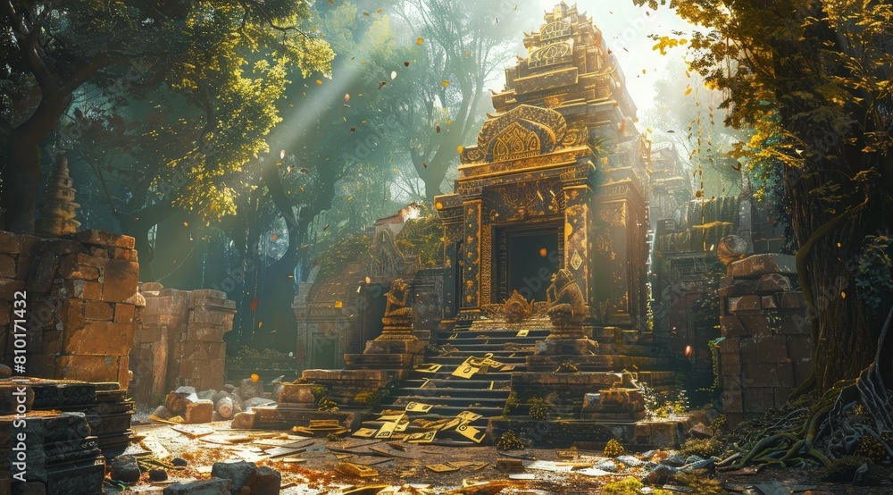 Digital art of ancient jungle temple ruins with gold treasure scattered ...