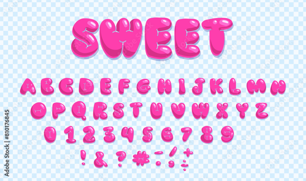 Plump bubble set of pink letters and numbers from 0 to 9 in Y2K trendy ...