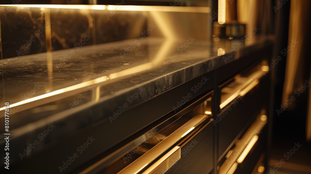 Cinematic and high-resolution detail shot of sleek finishes in a modern ...