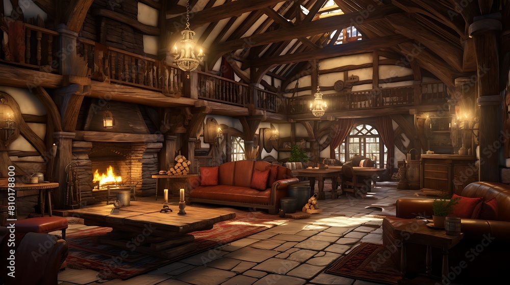 Curate a medieval tavern-inspired living room with wooden beams and ...