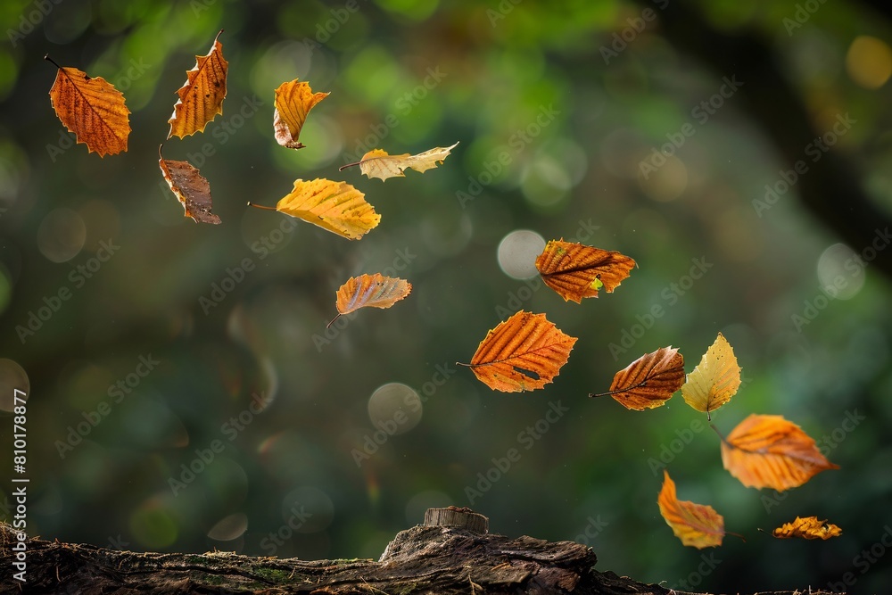 Falling autumnal leaves from a tree, depicting the seasonal transition ...