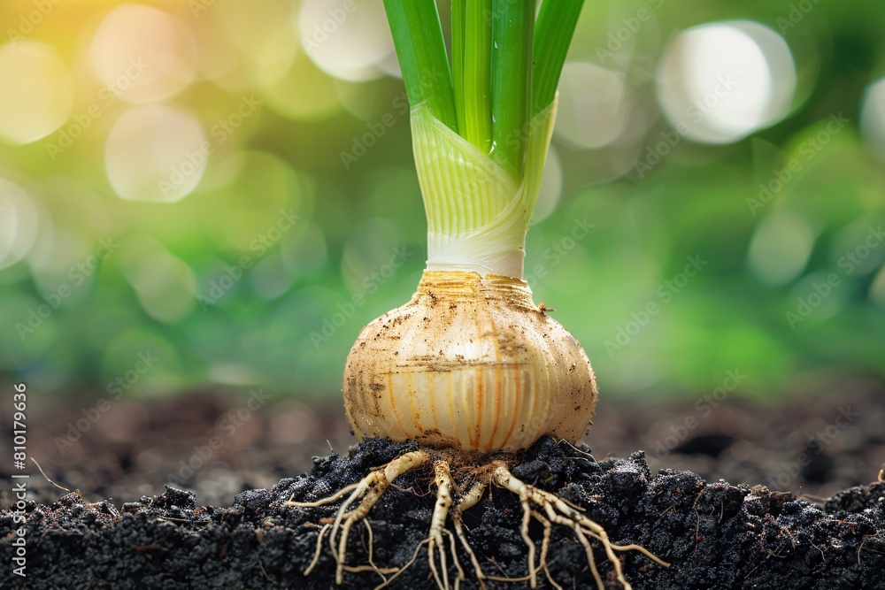 Cross-sectional view of a plant bulb germinating in moist soil, roots ...