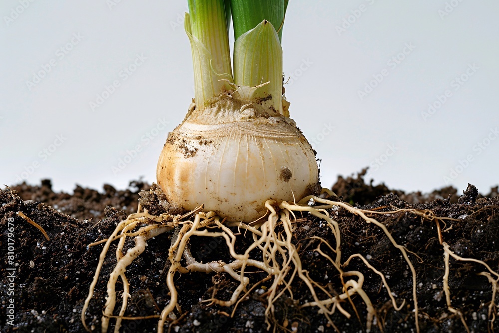 Cross-sectional view of a plant bulb germinating in moist soil, roots ...