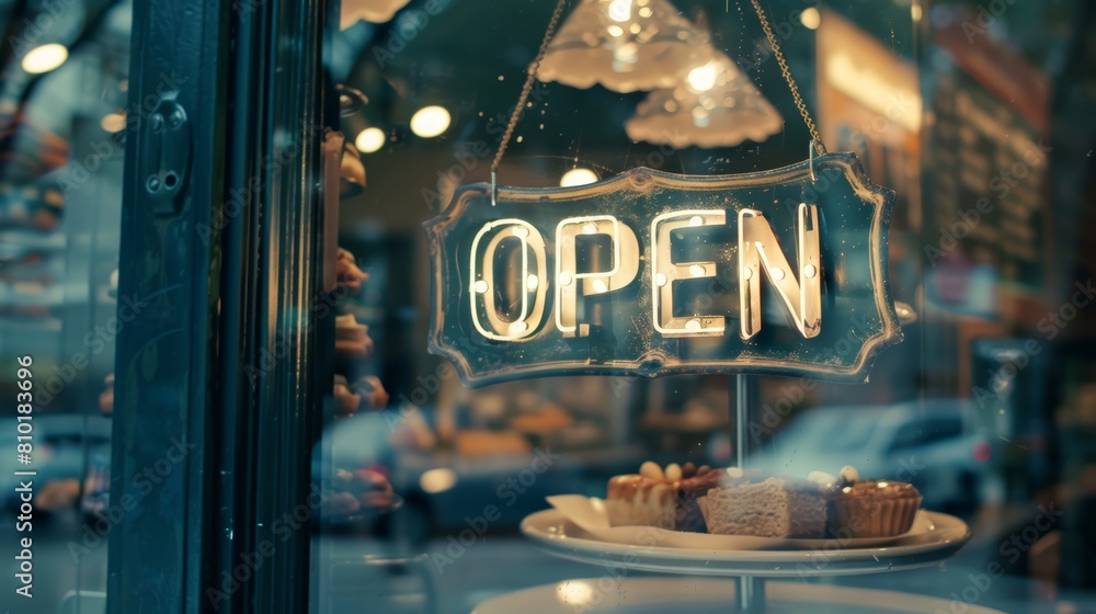 Vintage Open sign hanging in front of a bakery display. Retro bakery ...