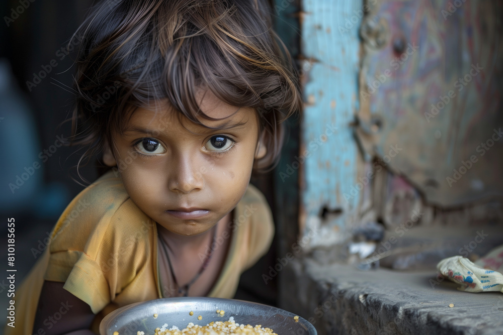 The photo shows a poor, hungry child who looked into the camera with clear signs of hunger and ...