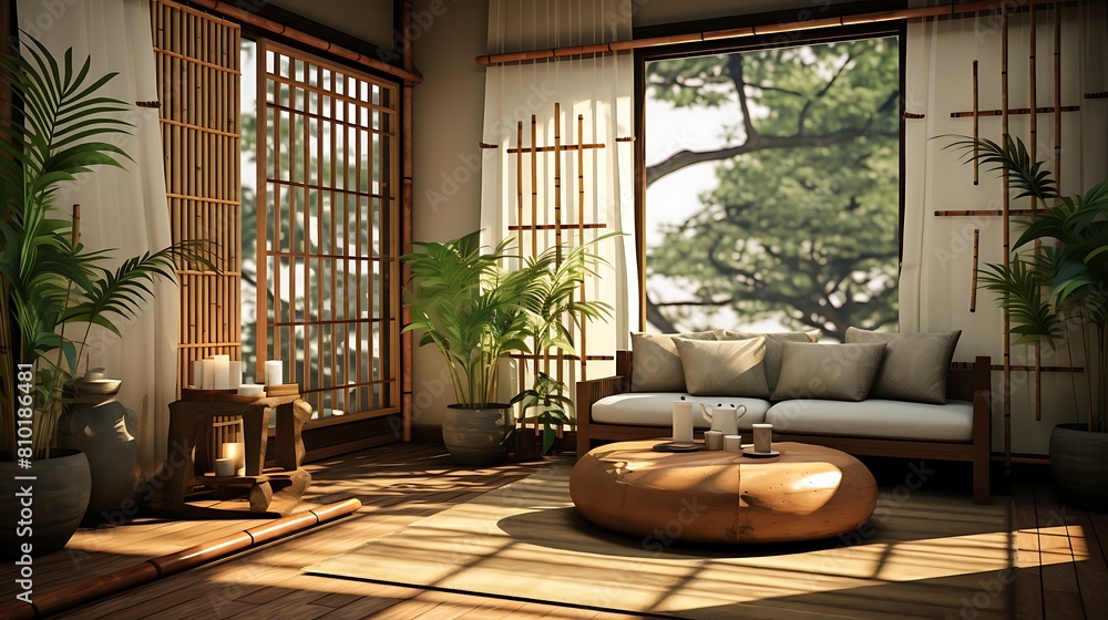 Form a Japanese garden-inspired living room with bamboo accents and Zen ...
