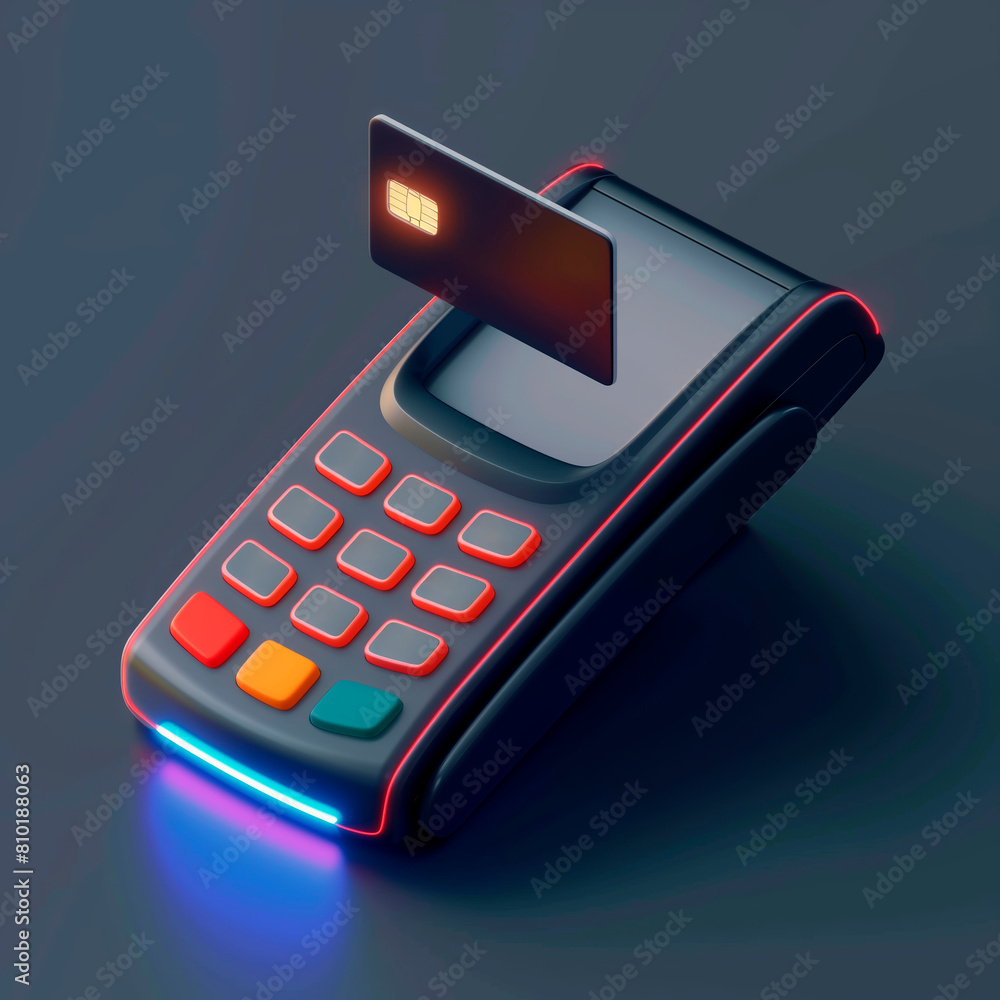 Futuristic 3D payment terminal with a glowing credit card, highlighting ...