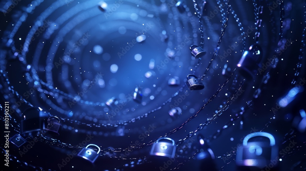 Floating padlocks in a spiral formation with glowing particles on a blue background. Digital art ...