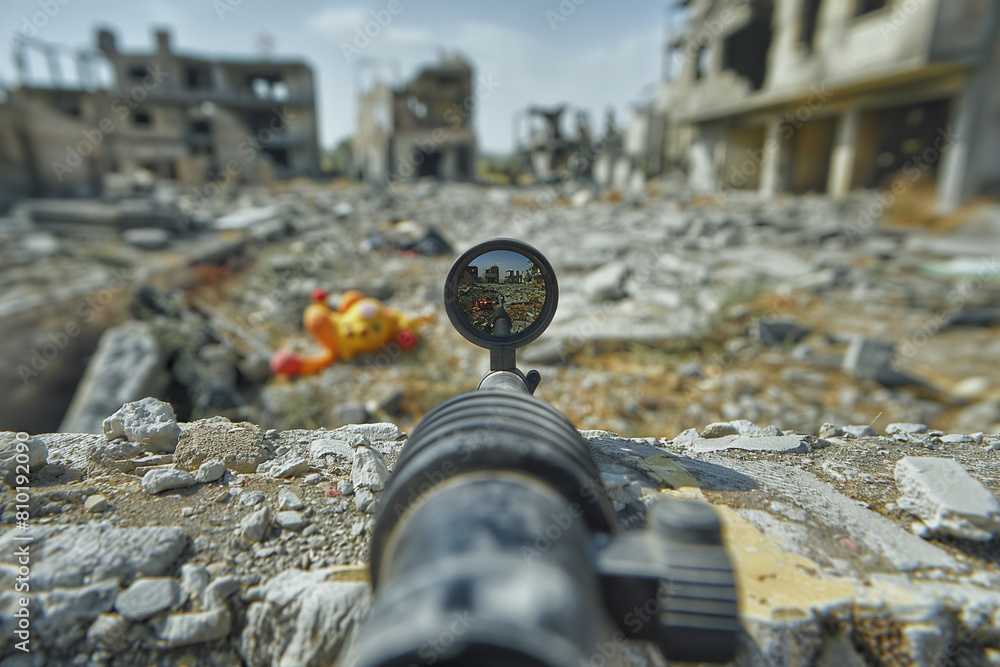 telescopic sight of a rifle pointed at a baby's toy lying on the ground ...