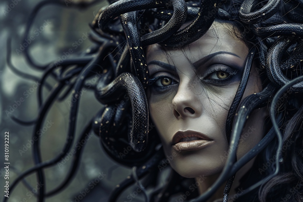 A striking portrayal of a woman with hair of snakes and an intense ...