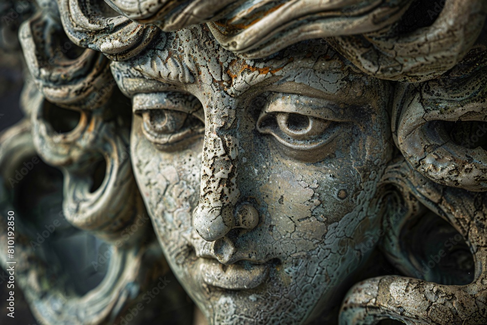 A detailed view of a woman with serpentine locks and an intense stare ...