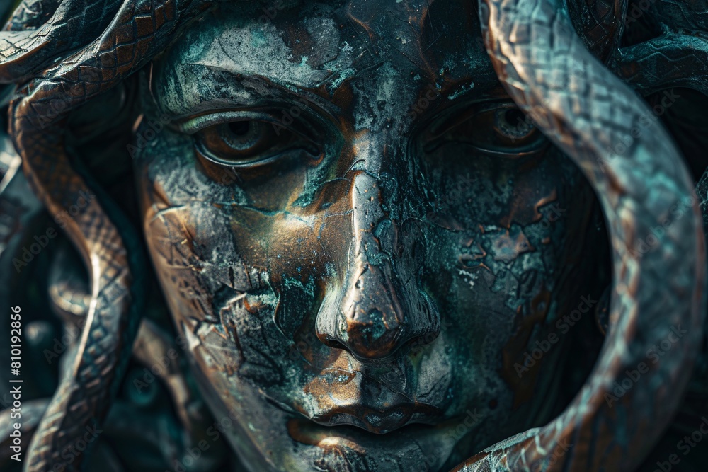 A detailed view of a woman with serpentine locks and an intense stare ...