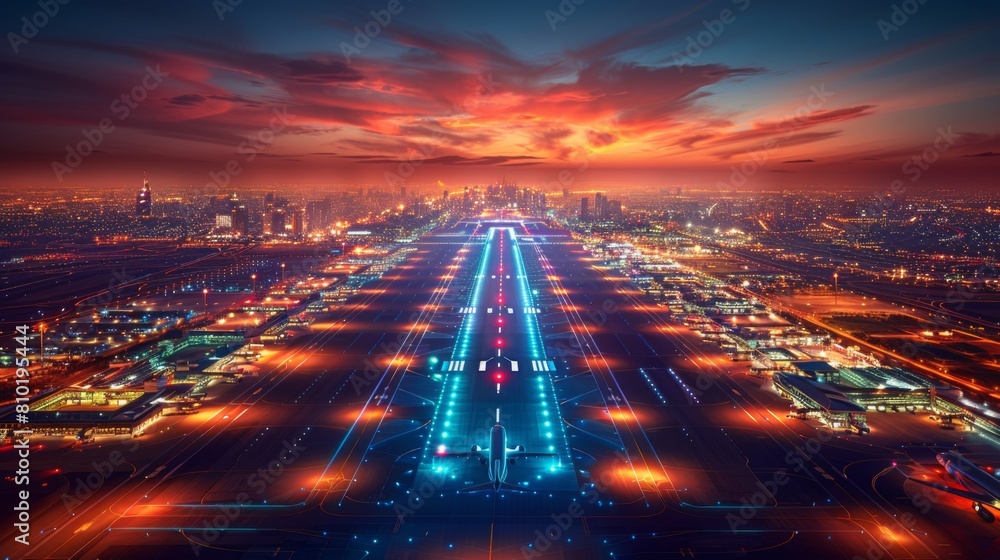 Produce an overhead view of airport runway lighting systems, with ...