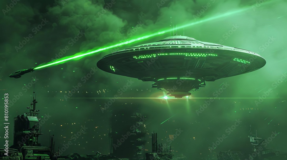 industrial ufo with heavy metal laser guns glowing greenscreen ...
