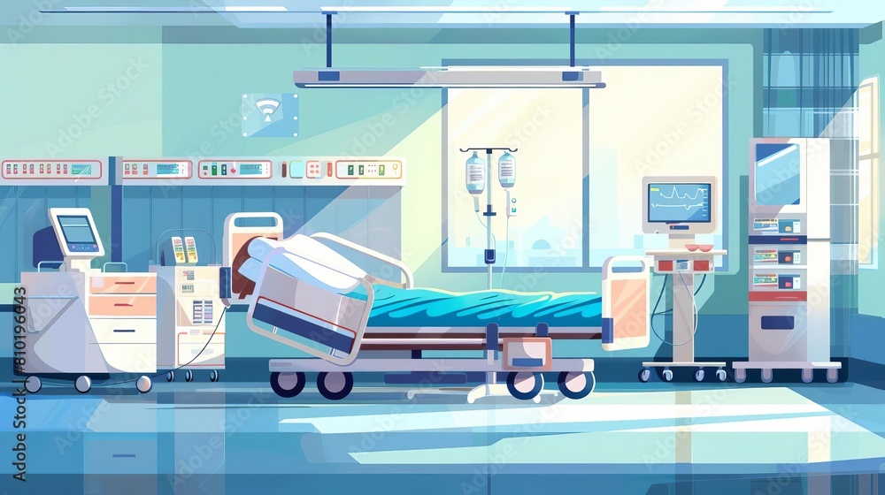 intensive care unit room with life support monitoring patient health at ...