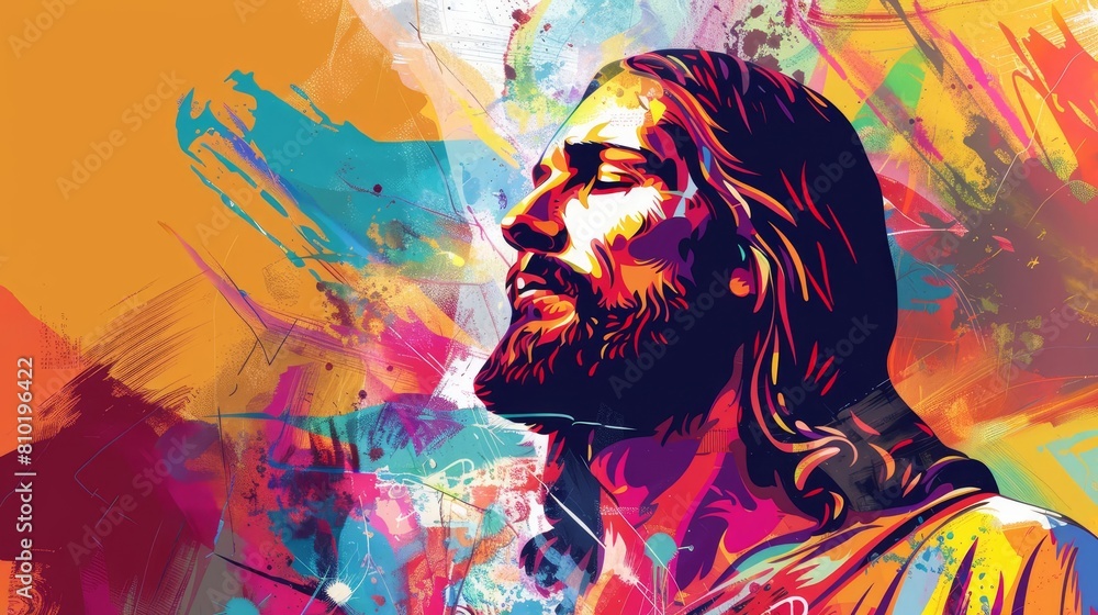 jesus christ portrait on abstract colorful background with copy space ...