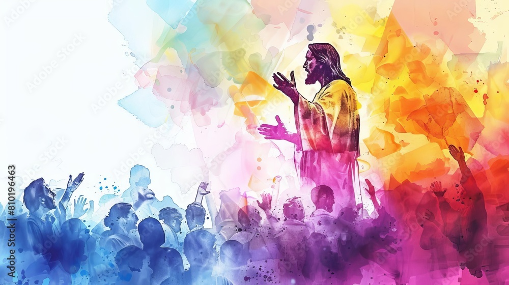 jesus preaching to diverse crowd abstract colorful background digital ...