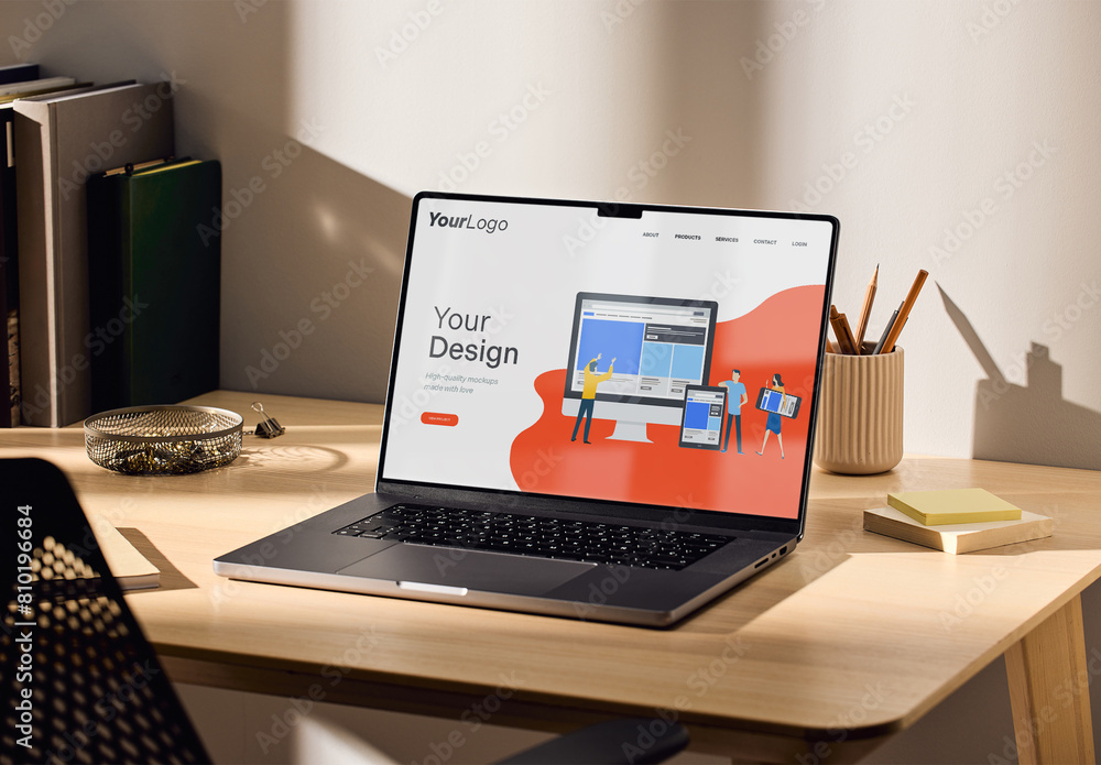 Laptop Mockup on a Home Office Desk Stock Template | Adobe Stock