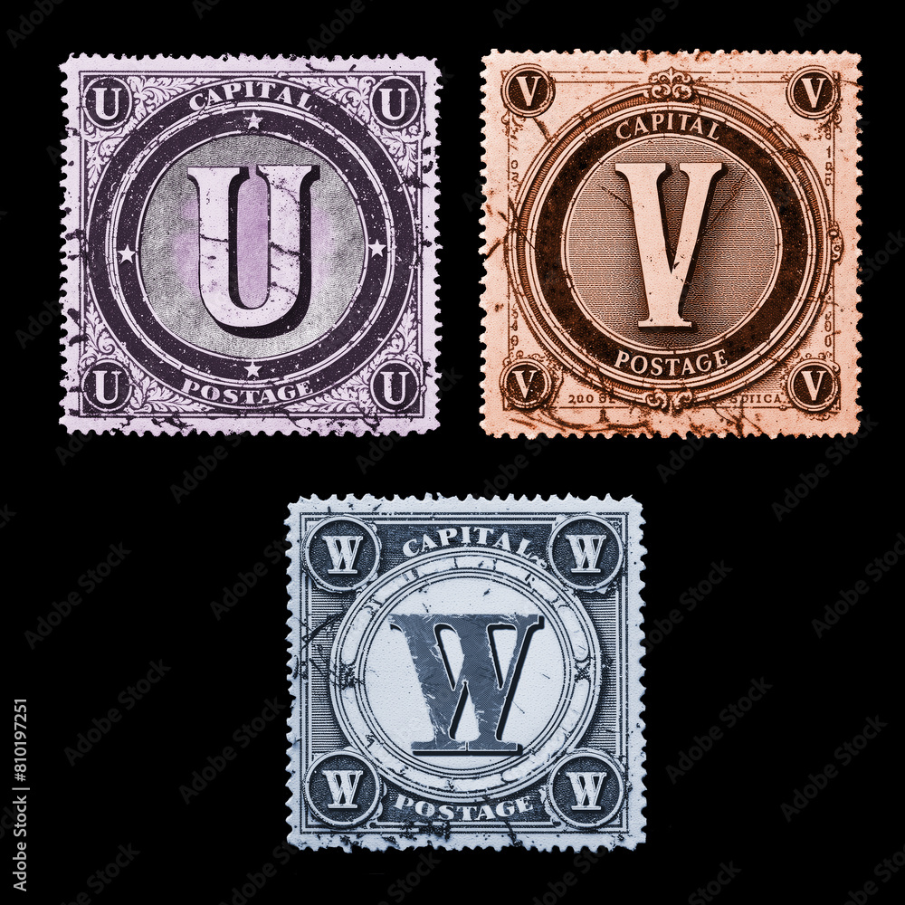 Vintage postal stamp alphabet with capital letters and digits - letter ...