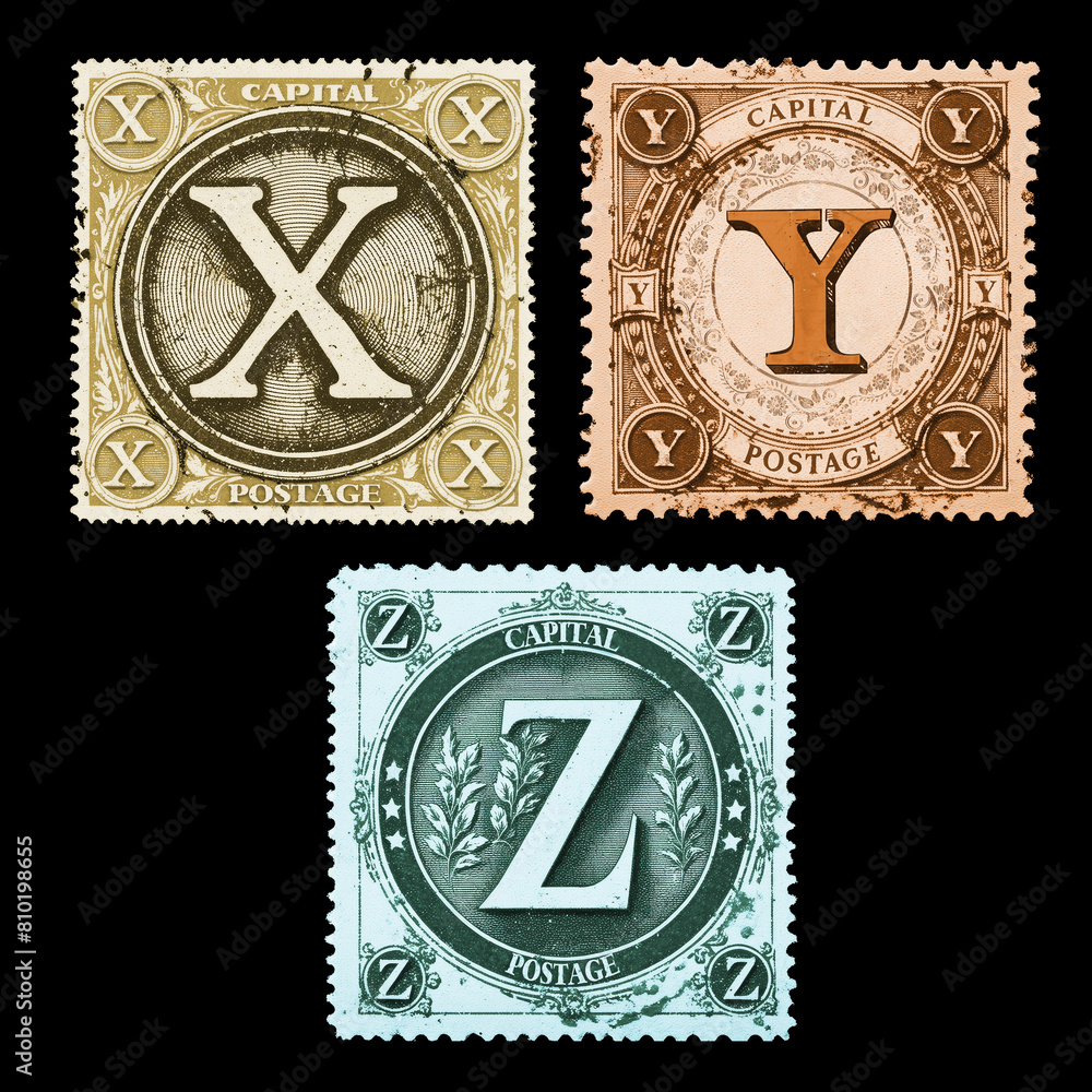 Vintage postal stamp alphabet with capital letters and digits - letter ...