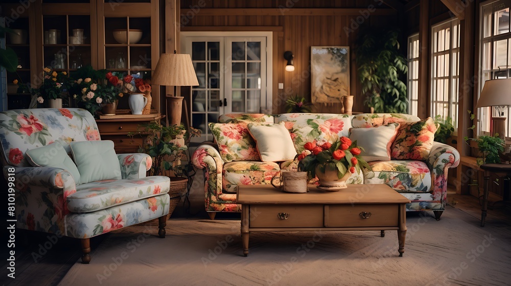 Devise a cottagecore living room with floral upholstery and rustic ...