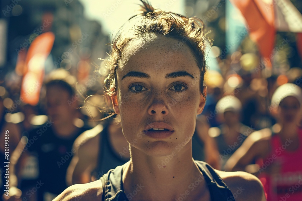 A woman with a determined look participating in a marathon, her face ...