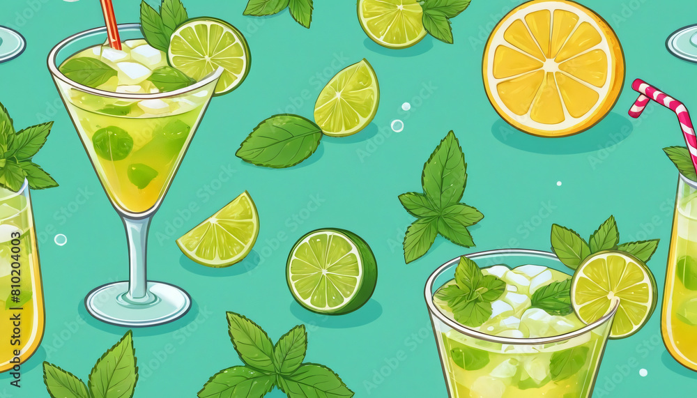 Cartoon summer cocktails, alcoholic or non-alcoholic refreshing drinks ...