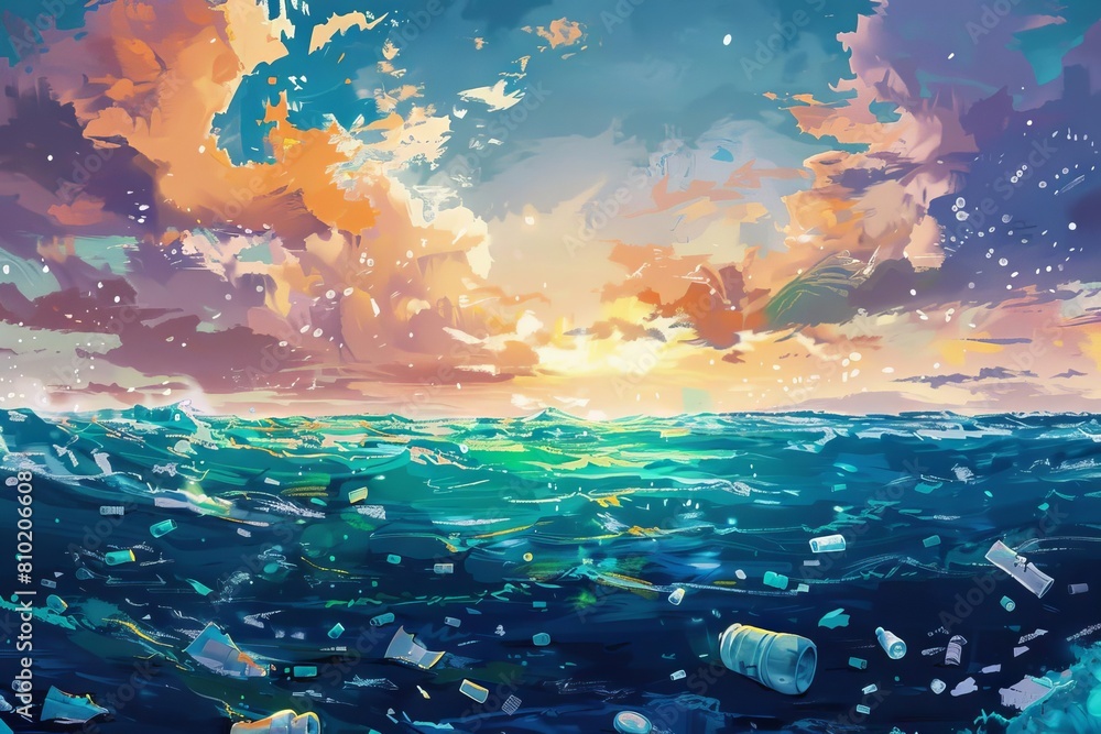 plastic waste floating in ocean water environmental pollution concept ...