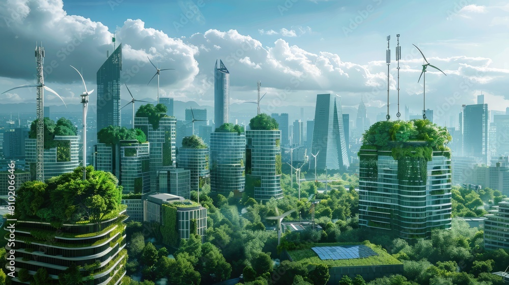The snapshot of an advanced urban skyline with green roofs, solar power ...