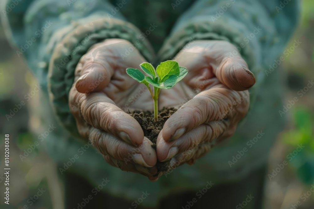 tender human hands gently holding fragile green seedling symbol of ...