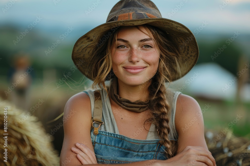 Confident female farmer with arms crossed standing in a field, embodies ...