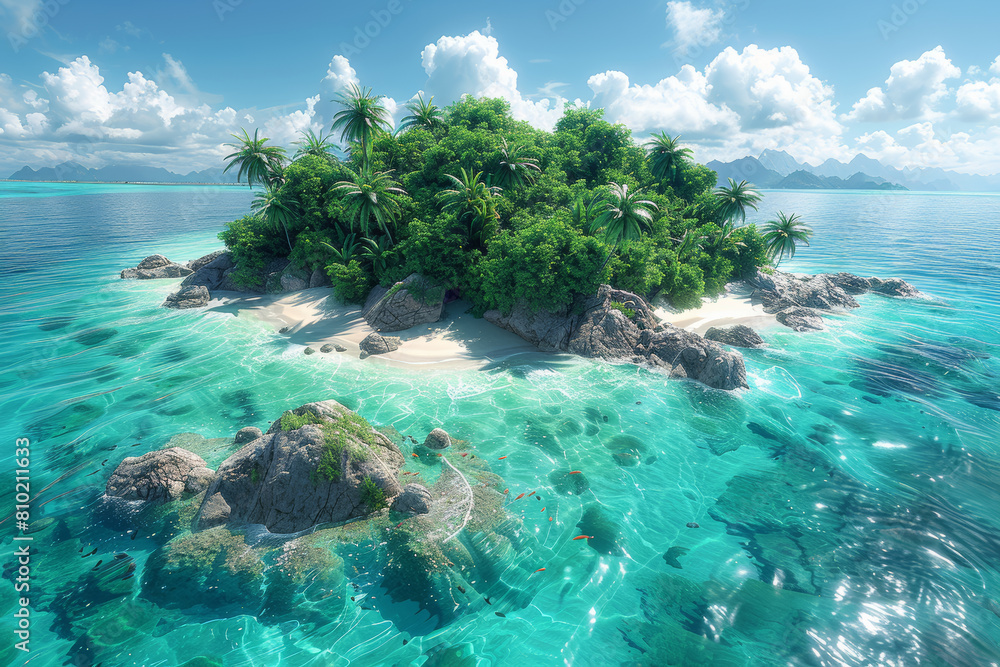 A vibrant coral atoll surrounded by turquoise waters, with sandy ...