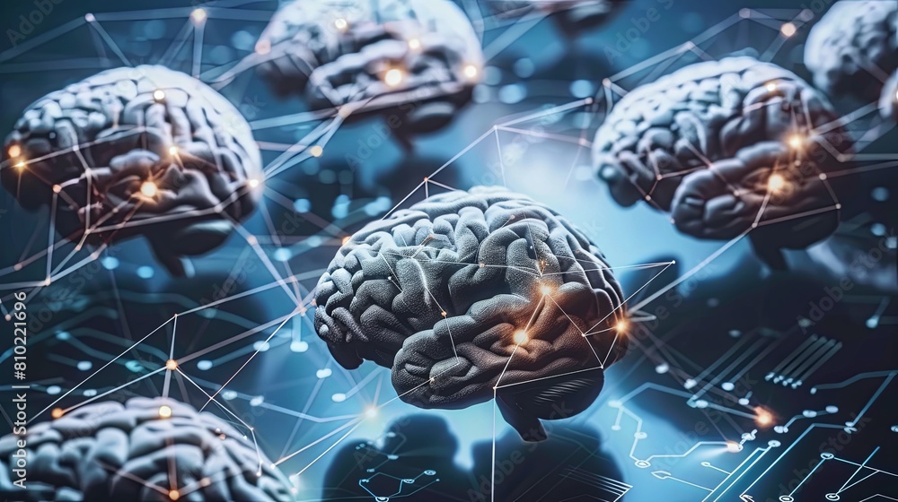 A multitude of human brains linked together by a glowing grid. The concept of teamwork and ...