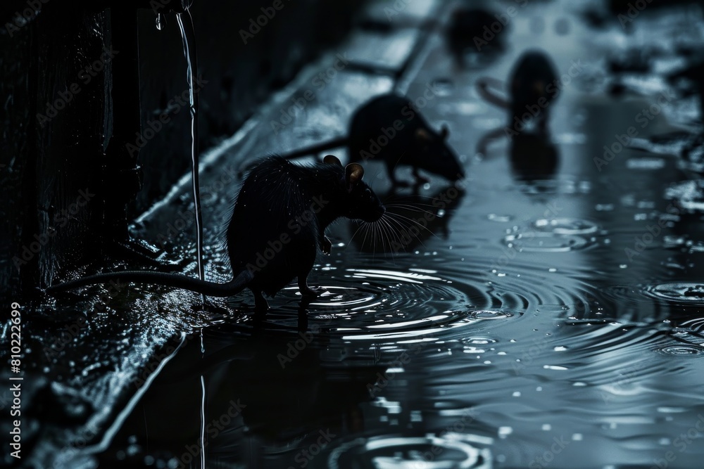 Rats scavenging by a puddle in a dark urban alleyway at night ...