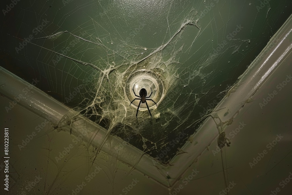 Eerie black spider patiently awaits prey in the intricate center of its ...