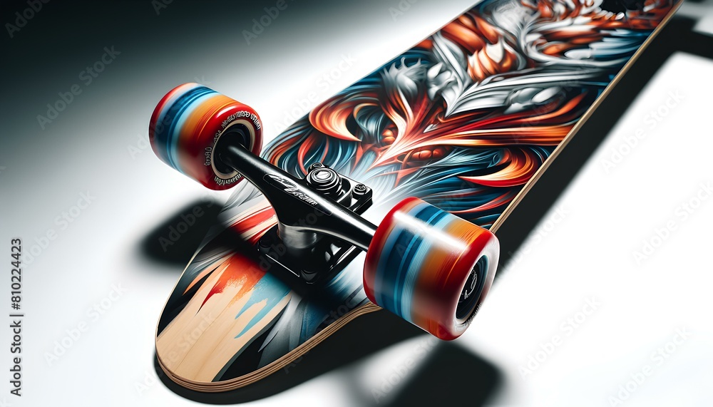 Image of a skateboard, providing a full view of the board. The vibrant ...