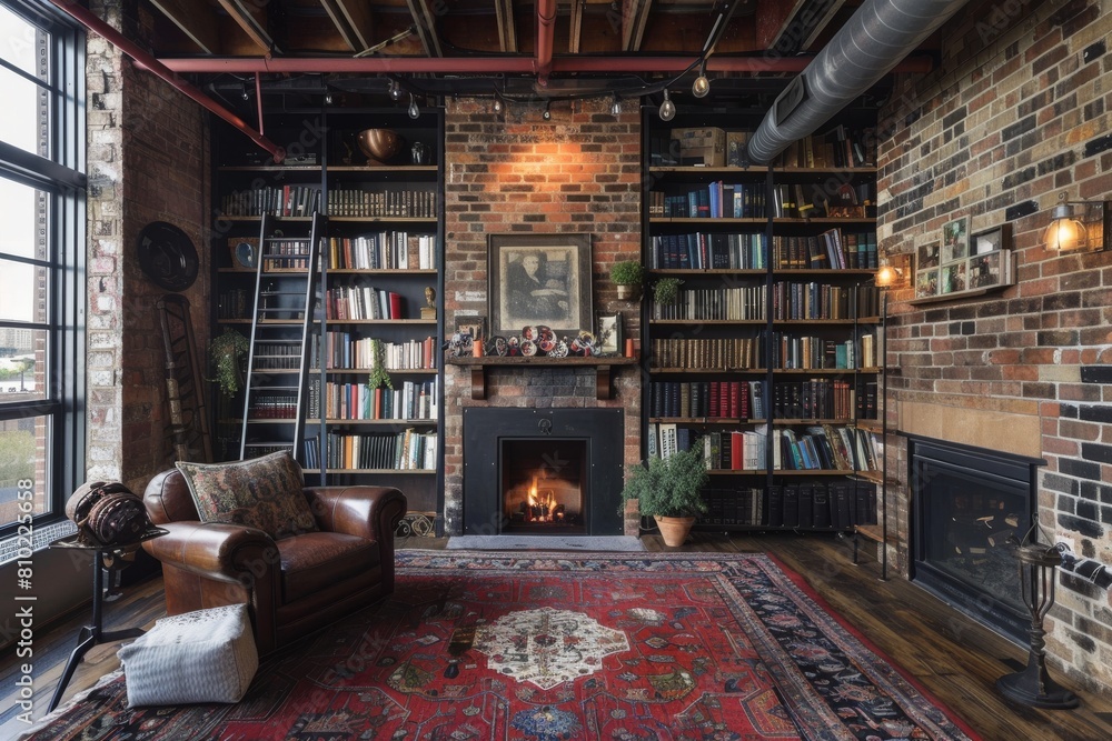 Foto de Loft Library with Industrial Accents: Floor-to-ceiling ...