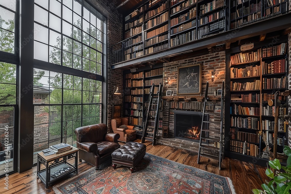 Loft Library with Industrial Accents: Floor-to-ceiling bookshelves ...