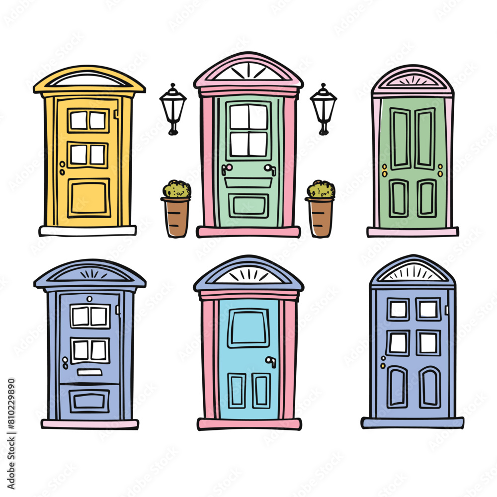 Colorful doors lined up street style, six diverse house entrances, cute ...