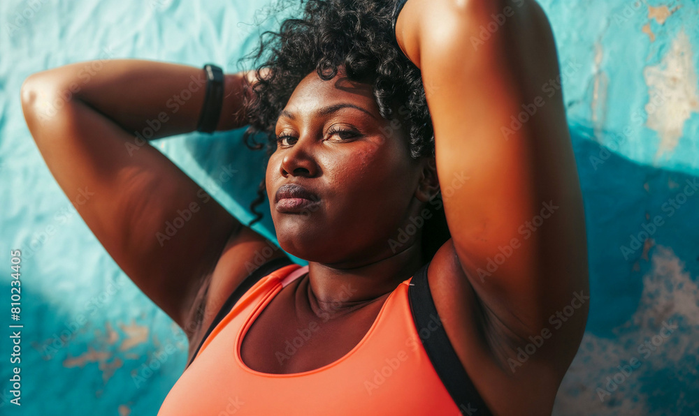 Healthy curvy black female woman athlete stretching in the park after a ...