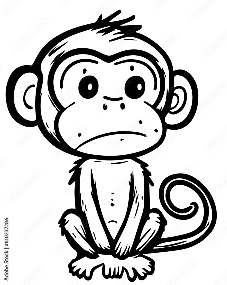 sad monkey logo design cartoon, black and white vector hand-drawn ...