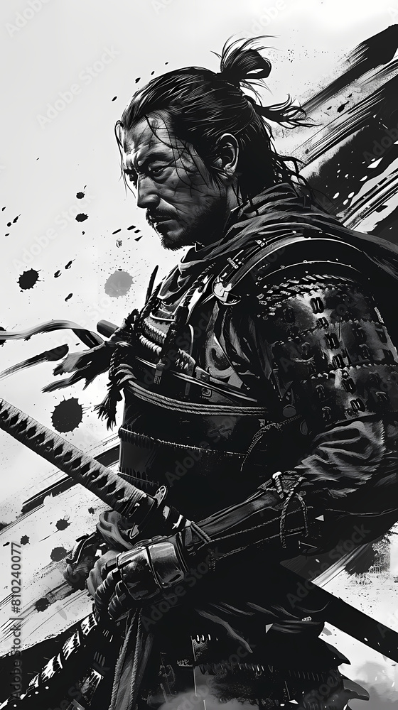 "Monochrome Samurai Warrior in Dynamic Brushstroke Style" "Ink Brush ...