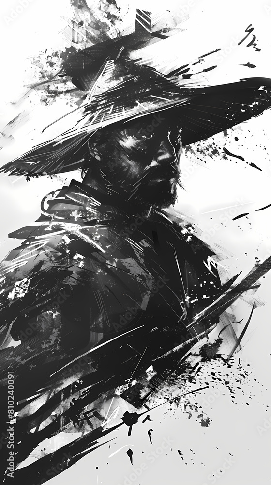 "Monochrome Samurai Warrior in Dynamic Brushstroke Style" "Ink Brush ...