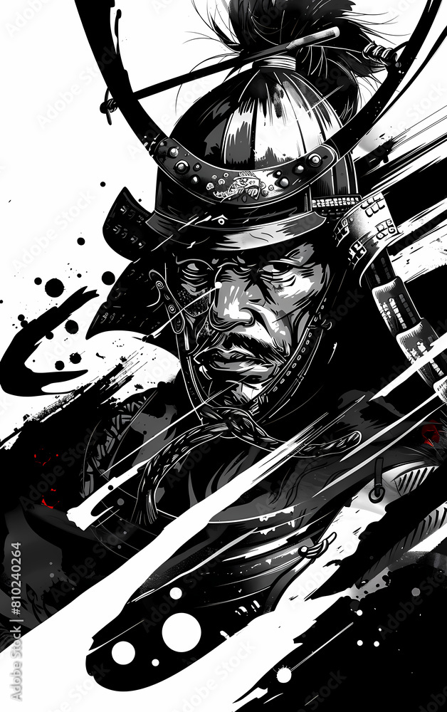 "Monochrome Samurai Warrior in Dynamic Brushstroke Style" "Ink Brush ...