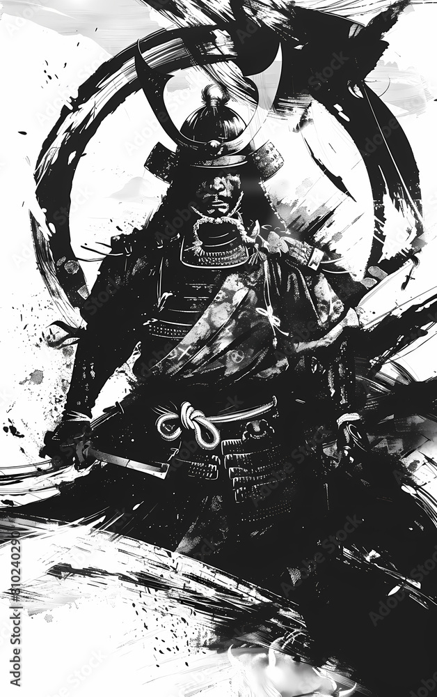 "Monochrome Samurai Warrior in Dynamic Brushstroke Style" "Ink Brush ...