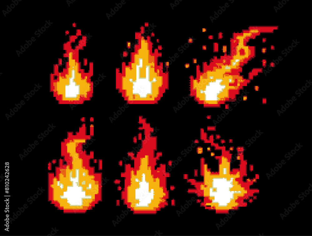 Pixel art 8-bit fire flames, explosion flashes and cartoon sparks set ...