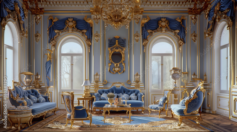 classic Rococo-style drawing room, where a blue and gold color scheme ...
